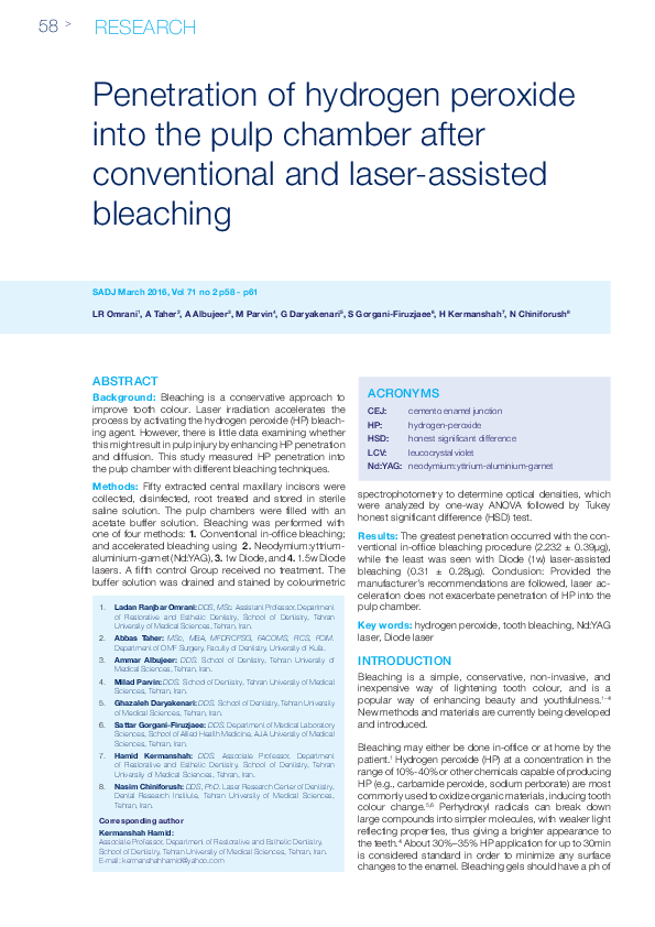(PDF) Penetration of hydrogen peroxide into the pulp chamber after ...