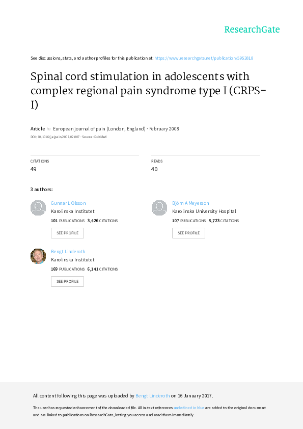 (PDF) Spinal cord stimulation in adolescents with complex regional pain ...