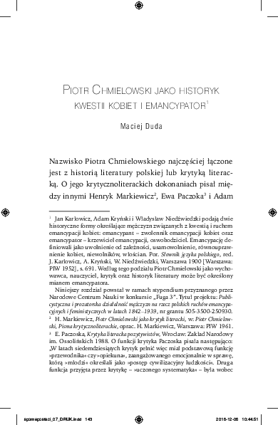(PDF) Duda, Piotr Chmielowski jako historyk kwestii kobiet i emancypator, w: "Sporne postaci ...