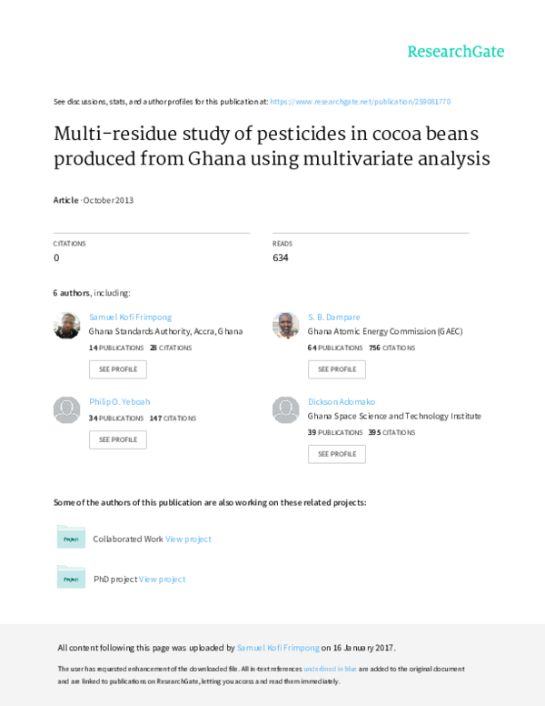 (PDF) Multi-residue study of pesticides in cocoa beans produced from Ghana using multivariate ...