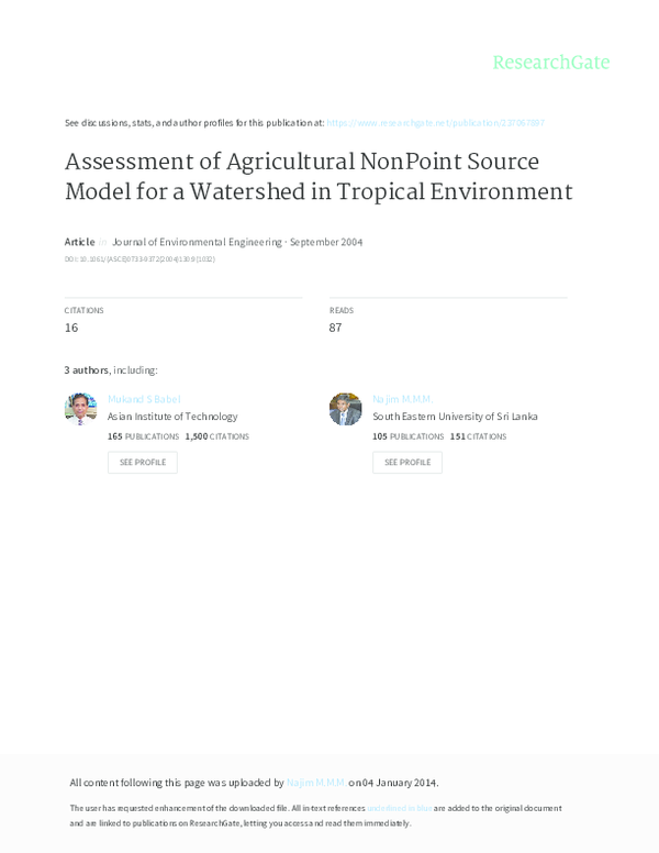 (PDF) Assessment of Agricultural NonPoint Source Model for a Watershed In Tropical Environment