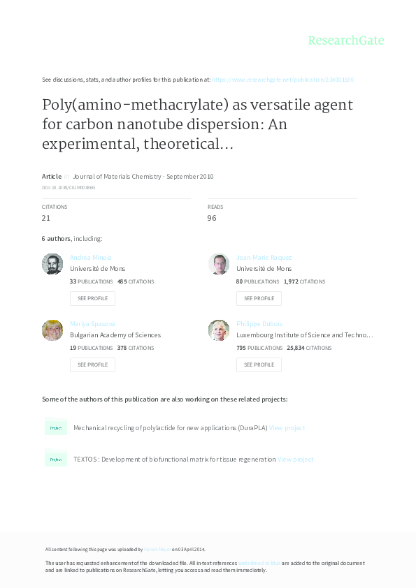 (PDF) Poly(amino-methacrylate) as versatile agent for carbon nanotube ...