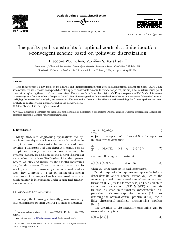 Pdf Inequality Path Constraints In Optimal Control A Finite Iteration Convergent Scheme Based