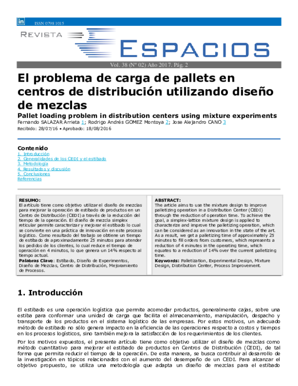 Pdf El Problema De Carga De Pallets En Centros De Distribución Utilizando Diseño De Mezclas 