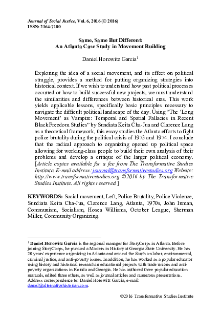 (PDF) Same, Same But Different: An Atlanta Case Study in Movement Building