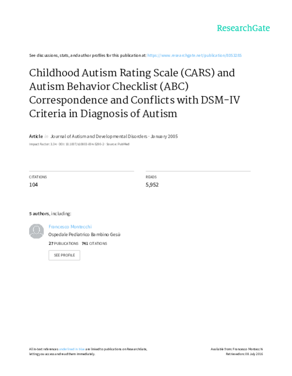 (PDF) Use of the Childhood Autism Rating Scale (CARS) for Children With ...