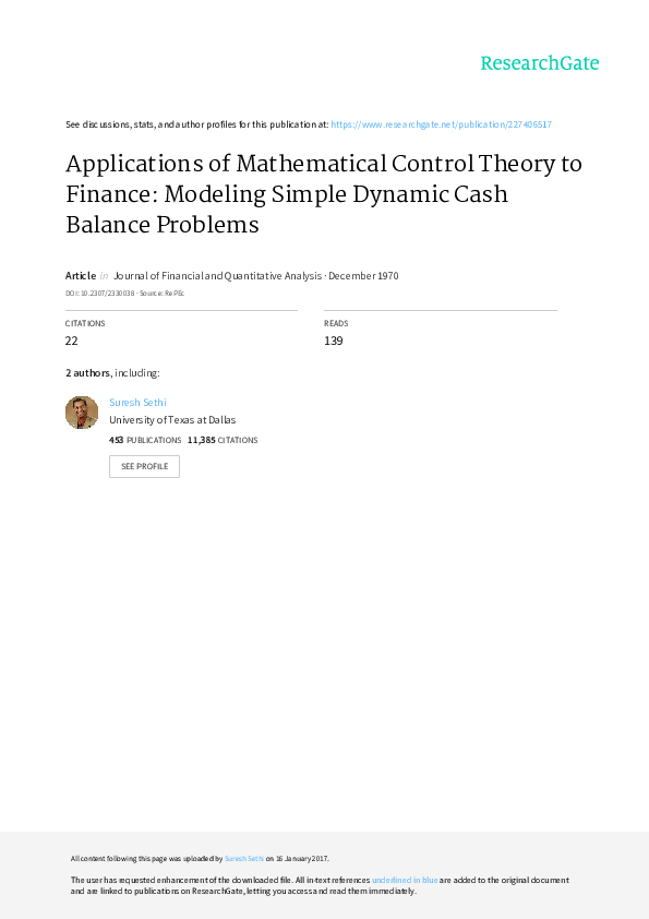 (PDF) Applications of mathematical control theory to finance: Modeling ...