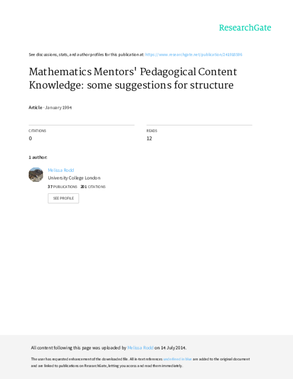 (PDF) Mathematics Mentors' Pedagogical Content Knowledge: some ...