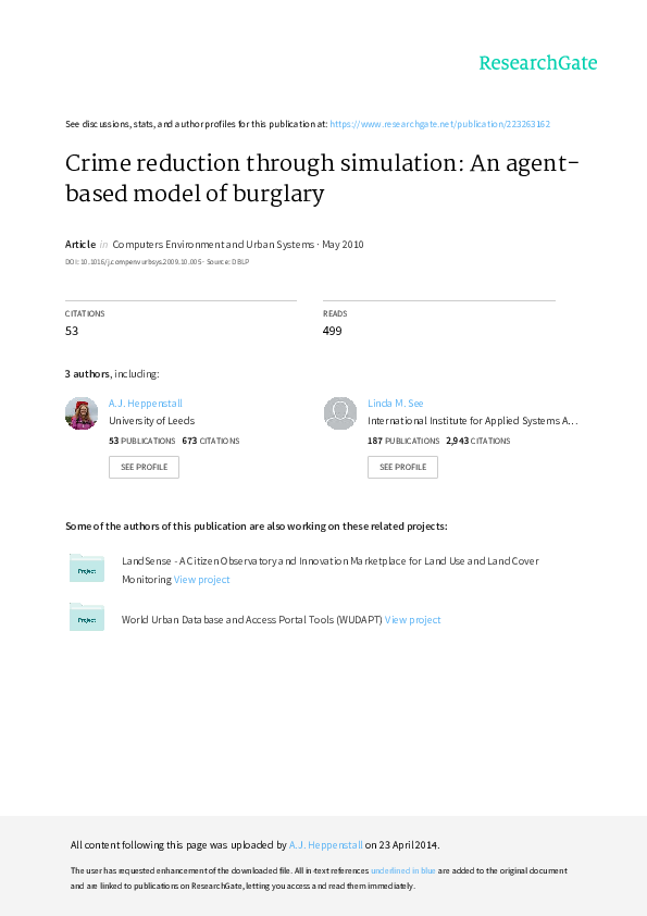 (PDF) Crime reduction through simulation: An agent-based model of burglary