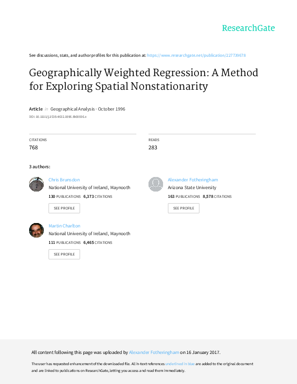 (PDF) Geographically weighted regression: a method for exploring spatial nonstationarity
