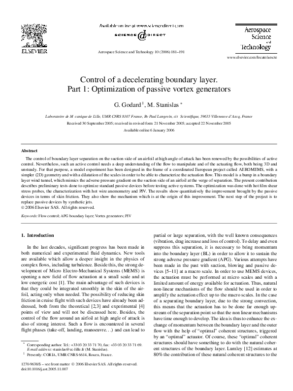 Pdf Control Of A Decelerating Boundary Layer Part 1 Optimization Of Passive Vortex Generators