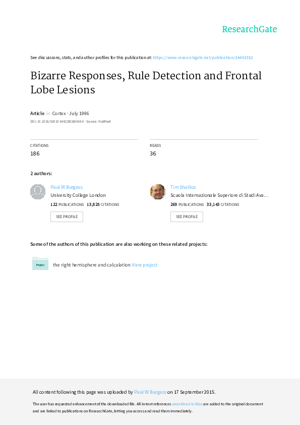 (PDF) Bizarre Responses, Rule Detection and Frontal Lobe Lesions.