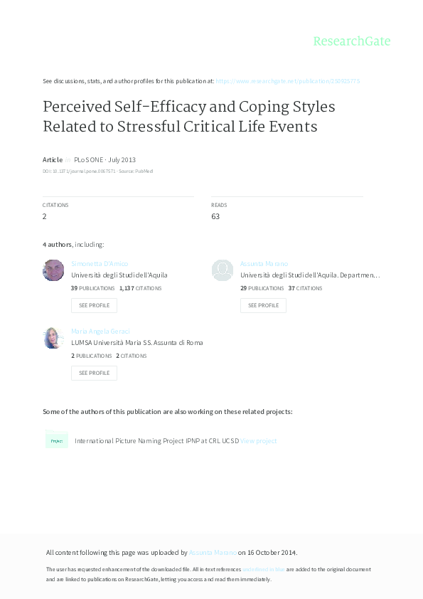 (PDF) Perceived Self-Efficacy and Coping Styles Related to Stressful ...
