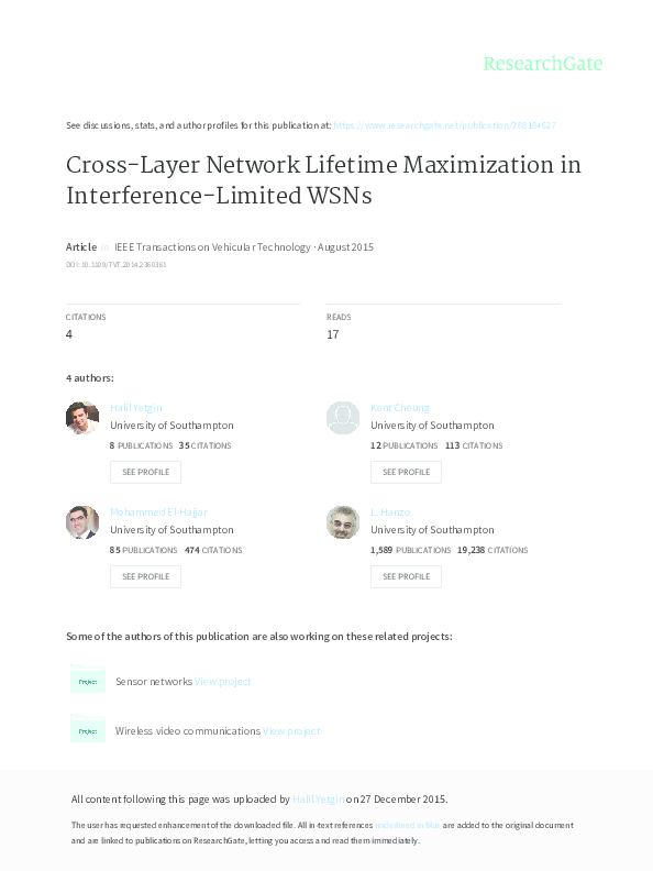 (PDF) Cross-Layer Network Lifetime Maximization in Interference-Limited WSNs