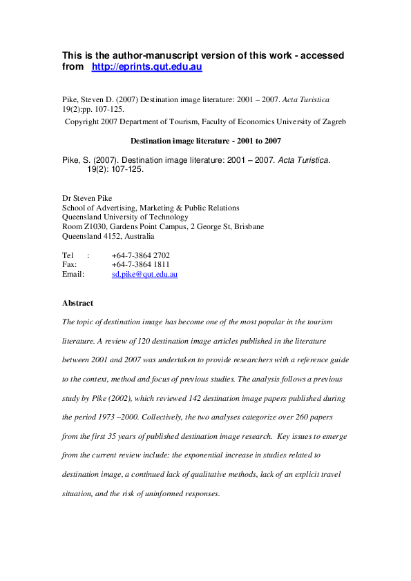 (PDF) Destination image literature: 2001 – 2007