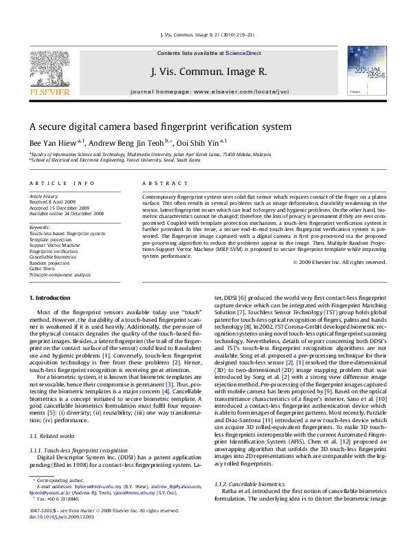 Pdf A Secure Digital Camera Based Fingerprint Verification System