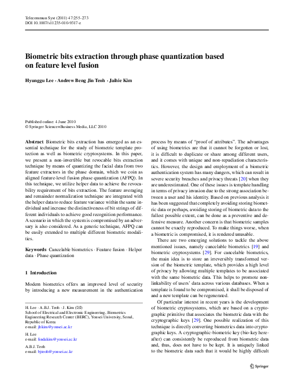 (PDF) Biometric bits extraction through phase quantization based on feature level fusion