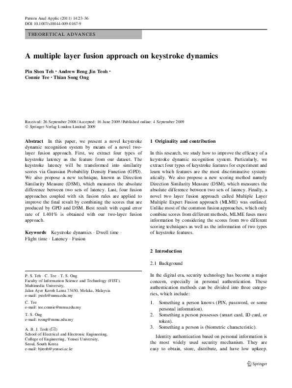 (PDF) A multiple layer fusion approach on keystroke dynamics | Andrew Beng Jin Teoh - Academia.edu