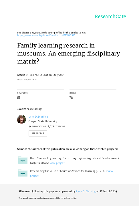 (PDF) Family learning research in museums: An emerging disciplinary matrix?