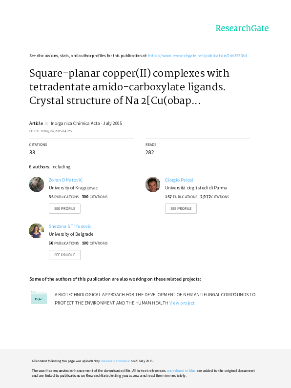 (PDF) Square-planar copper (II) complexes with tetradentate amido-carboxylate ligands. Crystal ...