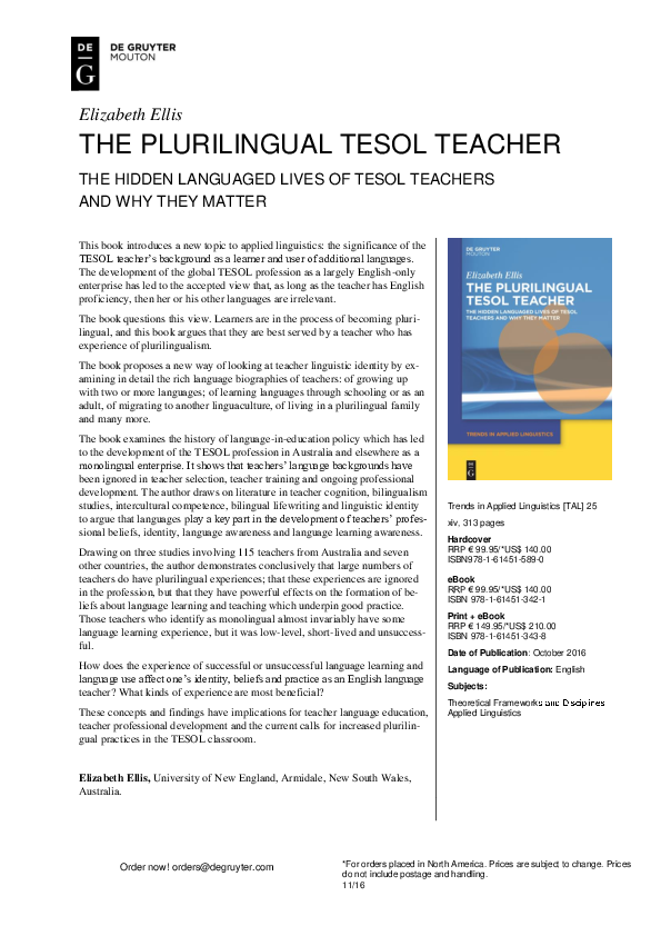 (PDF) New Book: The Plurilingual TESOL Teacher: The hidden languaged ...