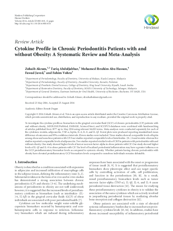 (PDF) Cytokine Profile in Chronic Periodontitis Patients with and without Obesity: A Systematic ...