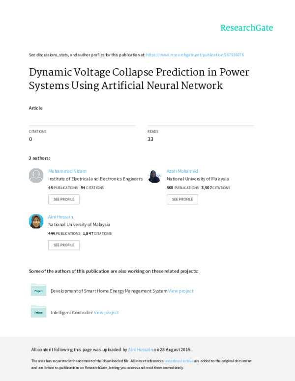 (PDF) Dynamic Voltage Collapse Prediction In Power Systems Using Power Transfer Stability Index