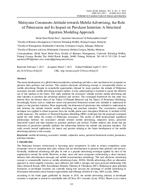 Pdf Malaysian Consumers Attitude Towards Mobile Advertising The Role Of Permission And Its