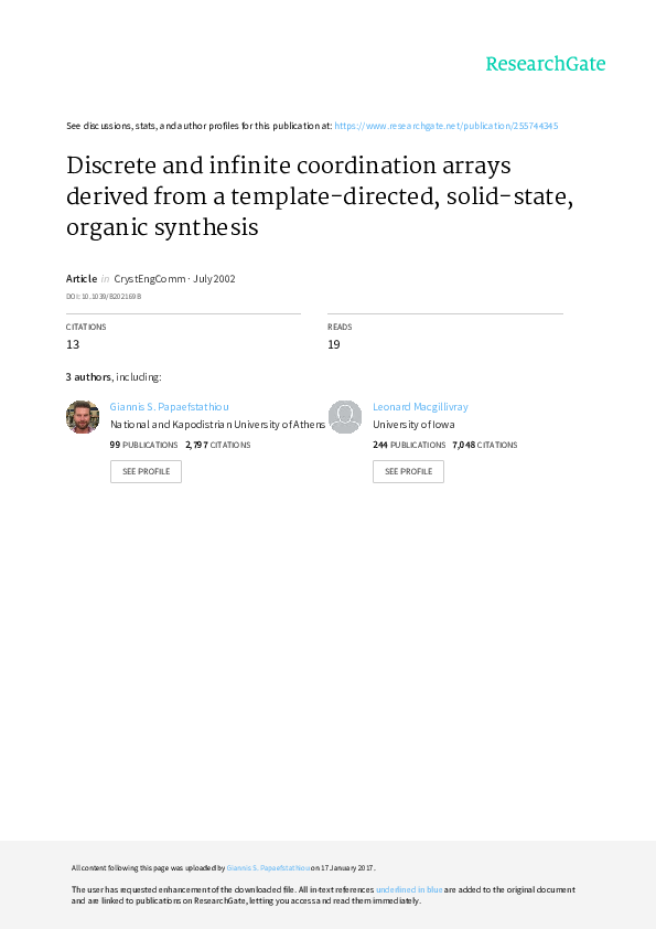 Pdf Discrete And Infinite Coordination Arrays Derived From A Template Directed Solid State