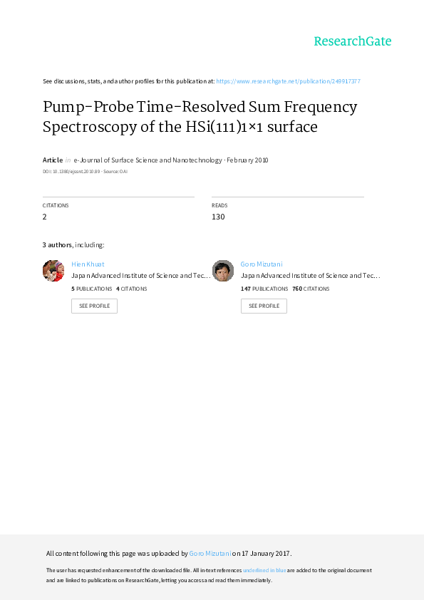 (PDF) Pump-Probe Time-Resolved Sum Frequency Spectroscopy of the H-Si ...