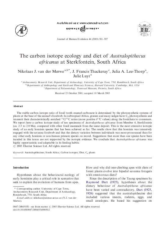 (PDF) The Carbon Isotope Ecology and Diet of Australopithecus Africanus ...