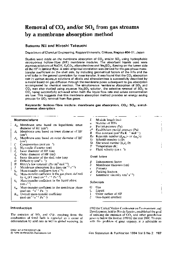 (PDF) Removal of CO2 and/or SO2 from gas streams by a membrane ...