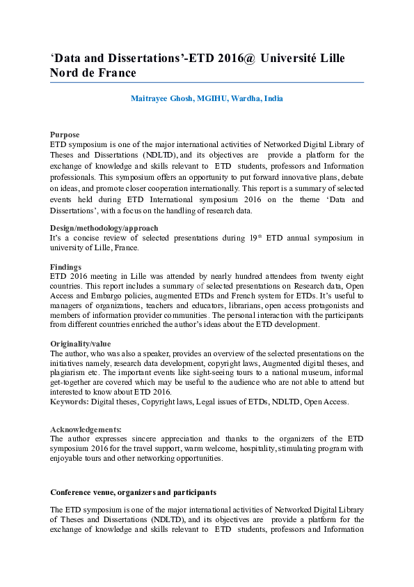 (DOC) Data and Dissertations’-ETD 2016@ Université Lille Nord de France