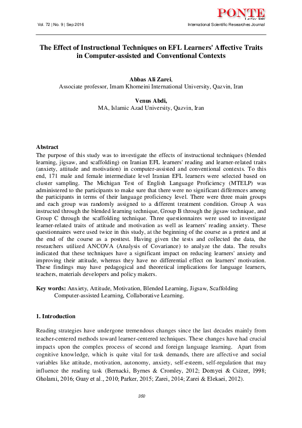 Pdf The Effect Of Instructional Techniques On Efl Learners Affective Traits In Computer