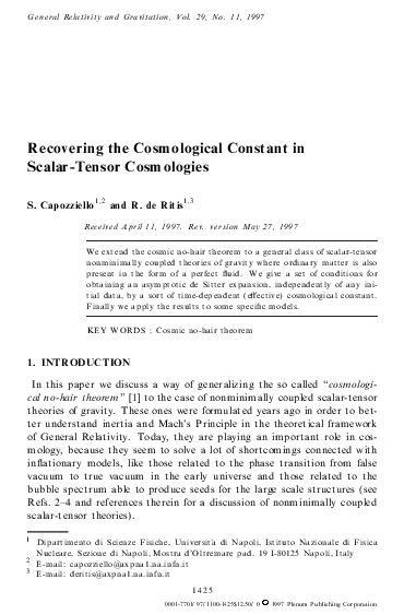 Pdf Recovering The Cosmological Constant In Scalar Tensor Cosmologies