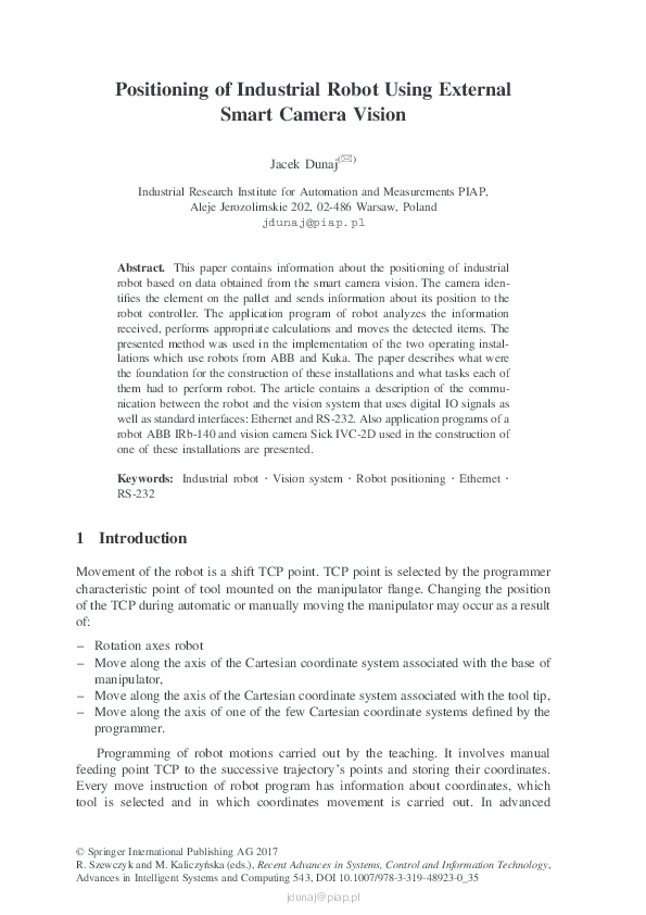 (PDF) Positioning of Industrial Robot Using External Smart Camera Vision