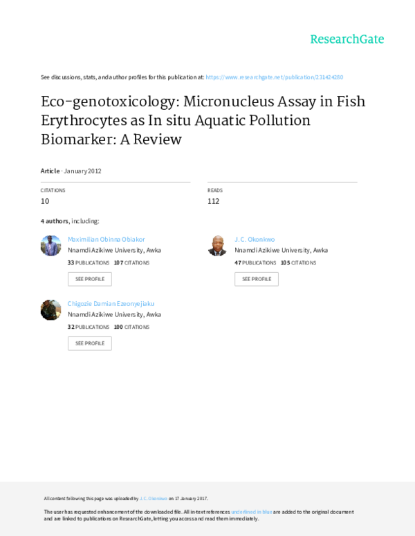 (PDF) Eco-genotoxicology: Micronucleus Assay in Fish Erythrocytes as In ...