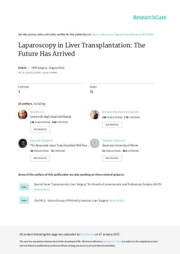 (PDF) Laparoscopy in Liver Transplantation: The Future Has Arrived | Gabriele Spoletini ...