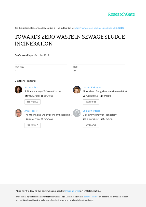 (PDF) Towards Zero Waste in Sewage Sludge Incineration