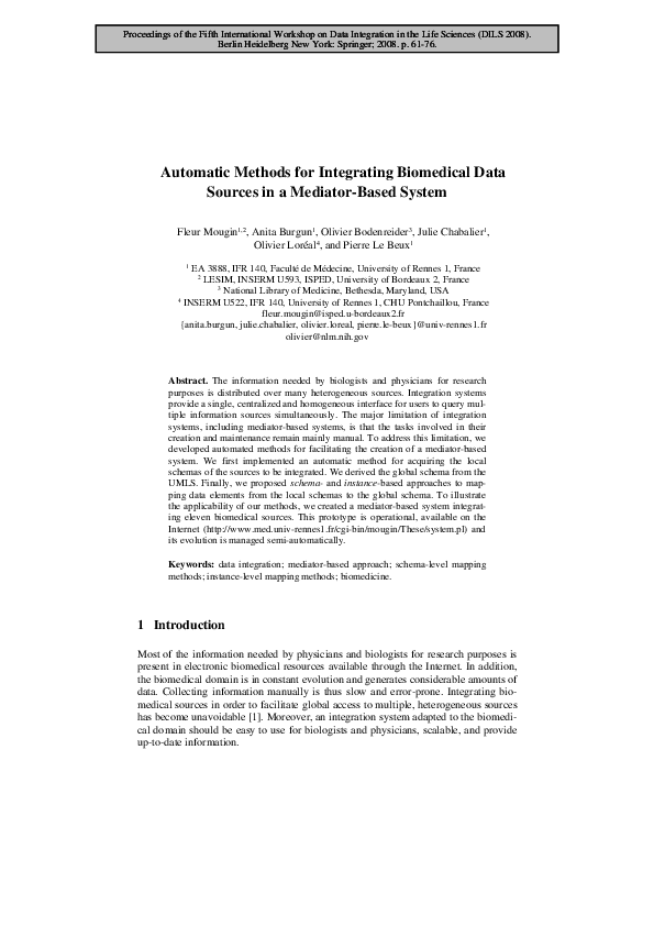 Pdf Automatic Methods For Integrating Biomedical Data Sources In A Mediator Based System