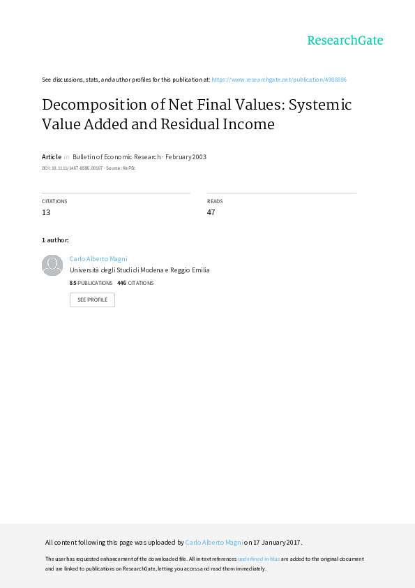 (PDF) Decomposition of net final values: Systemic Value Added and ...