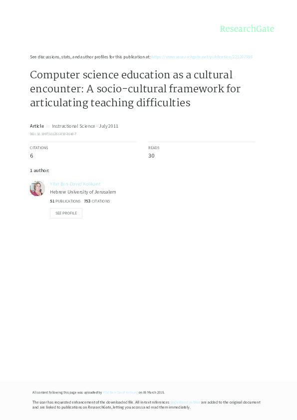 (PDF) Computer science education as a cultural encounter: a socio ...