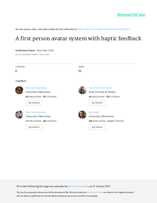 (PDF) A first person avatar system with haptic feedback
