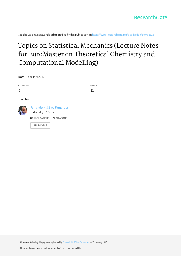 (PDF) Topics on Statistical Mechanics (Lecture Notes for EuroMaster on ...
