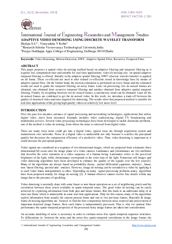 (PDF) ADAPTIVE VIDEO DENOISING USING DISCRETE WAVELET TRANSFORM