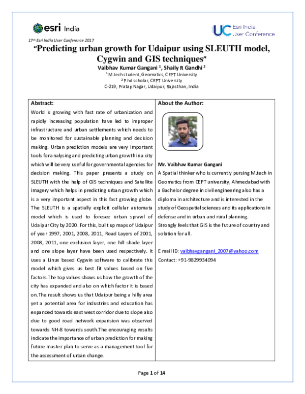 Pdf Predicting Urban Growth For Udaipur Using Sleuth Model Cygwin