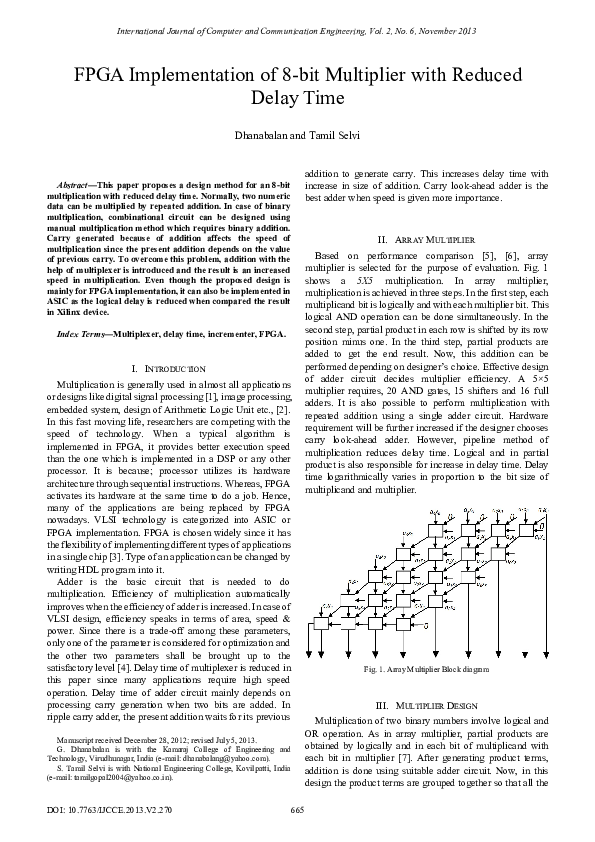 (PDF) FPGA Implementation of 8-bit Multiplier with Reduced Delay Time (PDF) FPGA Implementation of 8-bit Multiplier with Reduced Delay Time