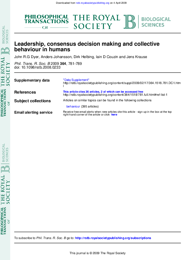 (PDF) Leadership, consensus decision making and collective behaviour in ...