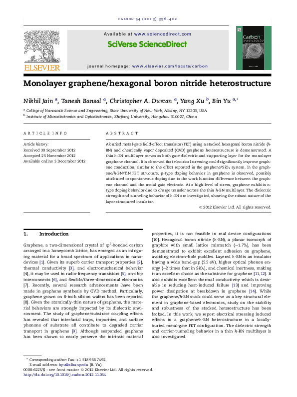 (PDF) Monolayer graphene/hexagonal boron nitride heterostructure