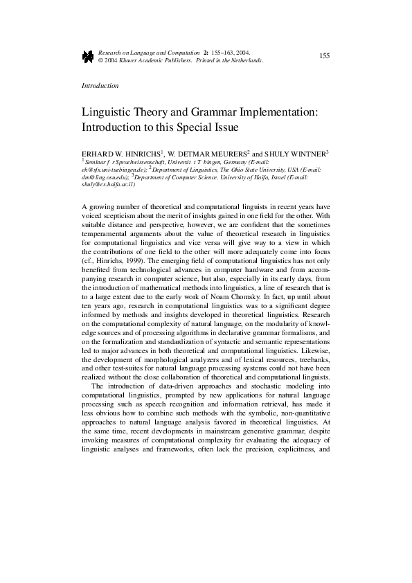 Pdf Linguistic Theory And Grammar Implementation Introduction To This Special Issue